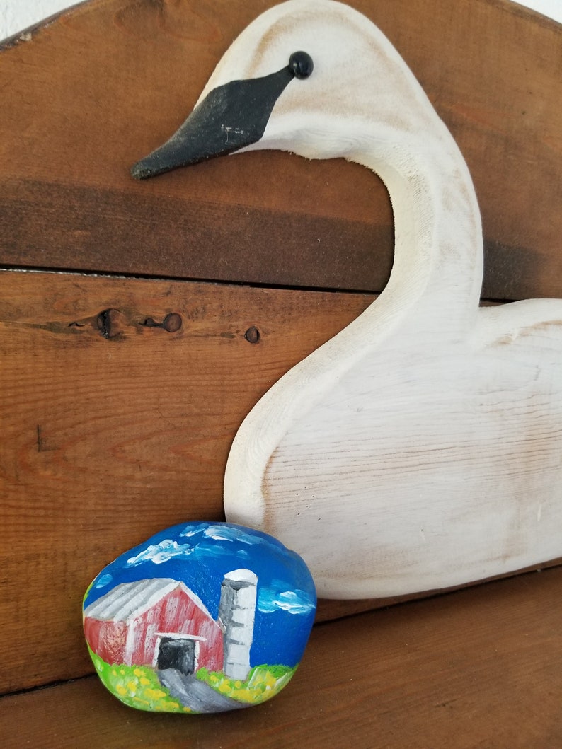 Hand-painted Stone, Red Barn Farmhouse Decor, Garden Decoration ...