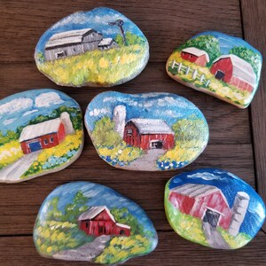 Hand Painted Stone, Hand-painted Rock, Barn Painting, Red Barn, Small ...