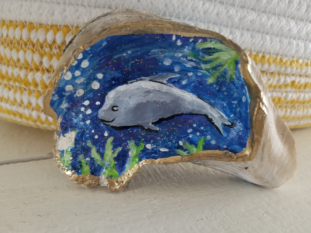 Hand-painted Original Shell Art, Dolphin in Ocean Artwork on Seashell ...