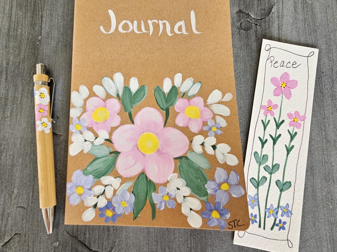 Hand-painted Floral Journal Gift Set, Includes Pen & Bookmark, Writer's ...