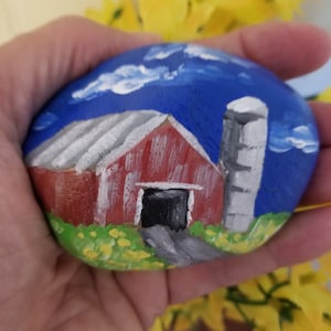 Hand Painted Stone, Hand-painted Rock, Barn Painting, Red Barn, Small ...
