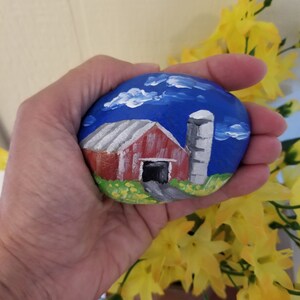 Hand Painted Stone, Hand-painted Rock, Barn Painting, Red Barn, Small ...