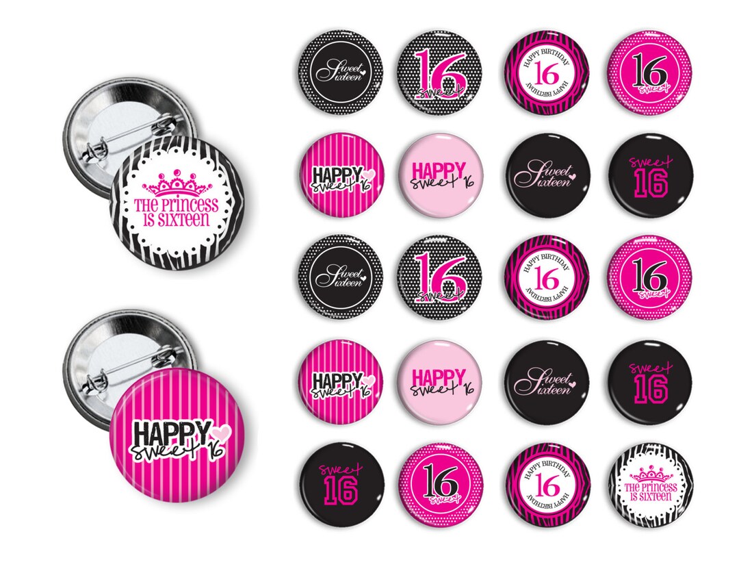 Sweet Sixteen Sweet 16 Pins 1.25 Inch Pin Back Button Party Favors Pins ...
