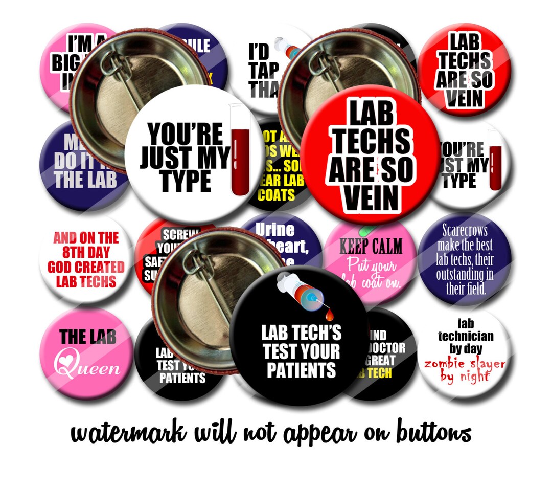 MLT LT Lab Tech Button Set Humor Funny Pin Back Button Party Favors 1. ...