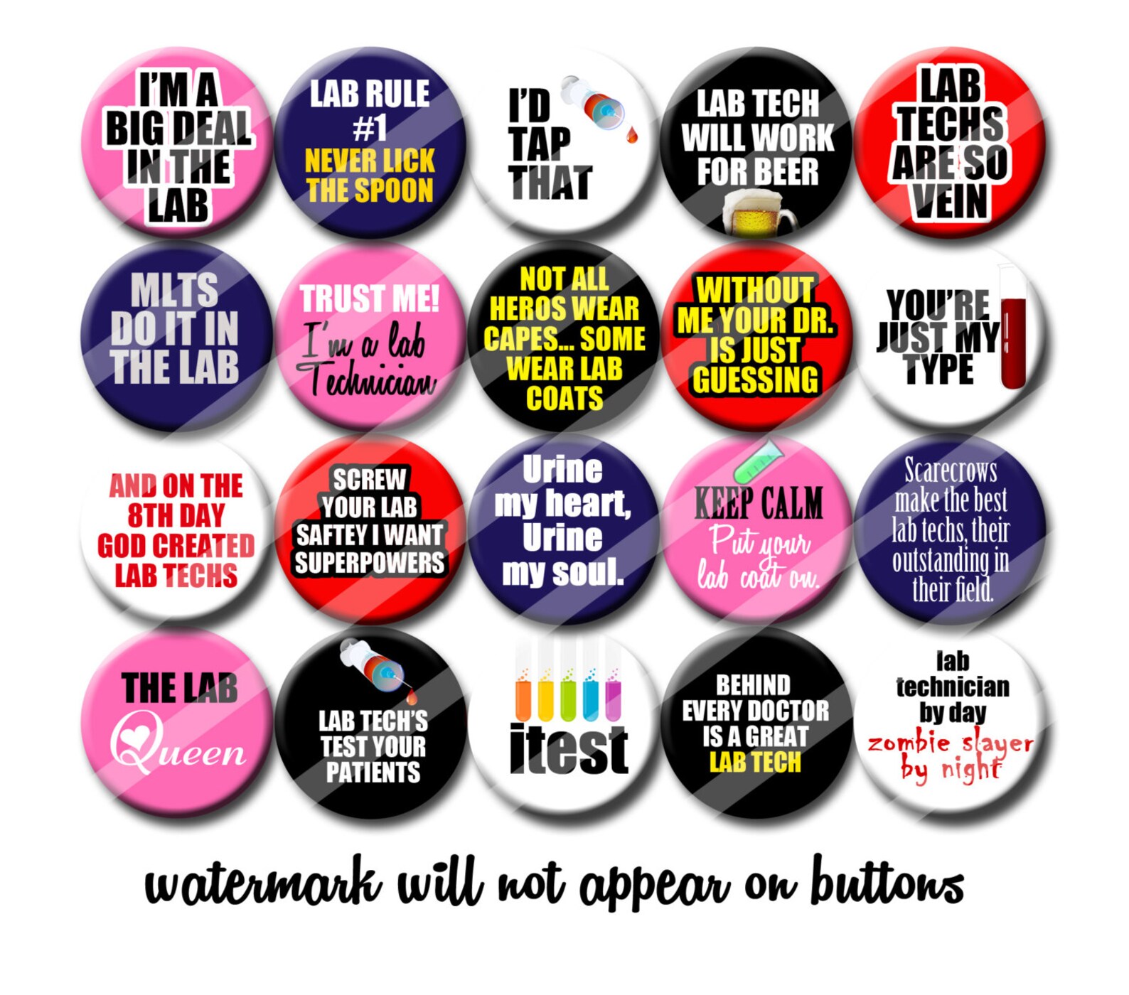 MLT LT Lab Tech Button Set Humor Funny Pin Back Button Party Favors 1. ...