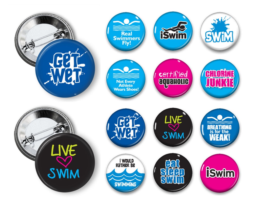 Swim Swimmer Swimming Theme Party Favors Set of 12 1.25 Inch Pin Back ...