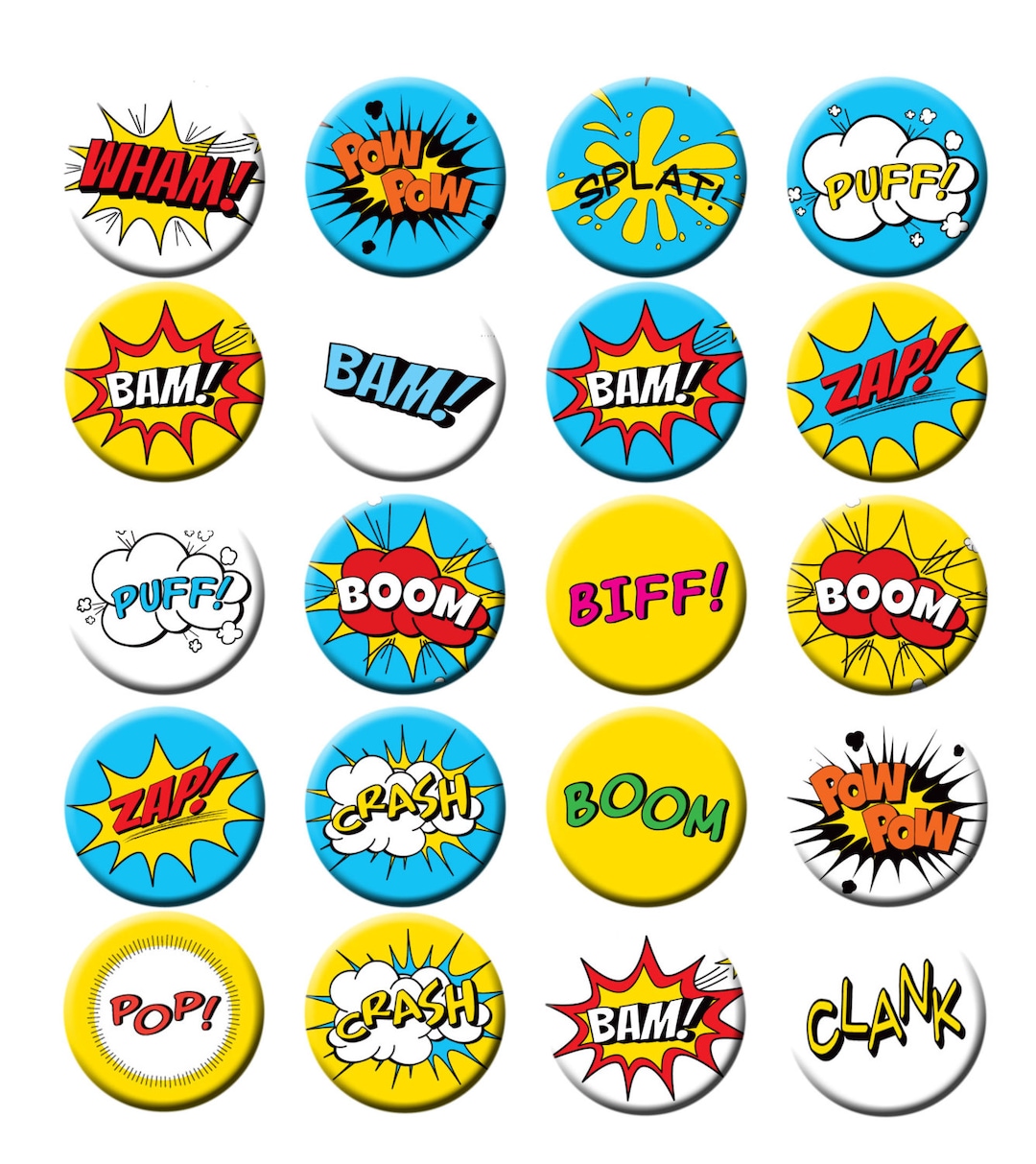 Superhero Comic Book Call Outs Words Fight Sounds Pin Back Button Party ...