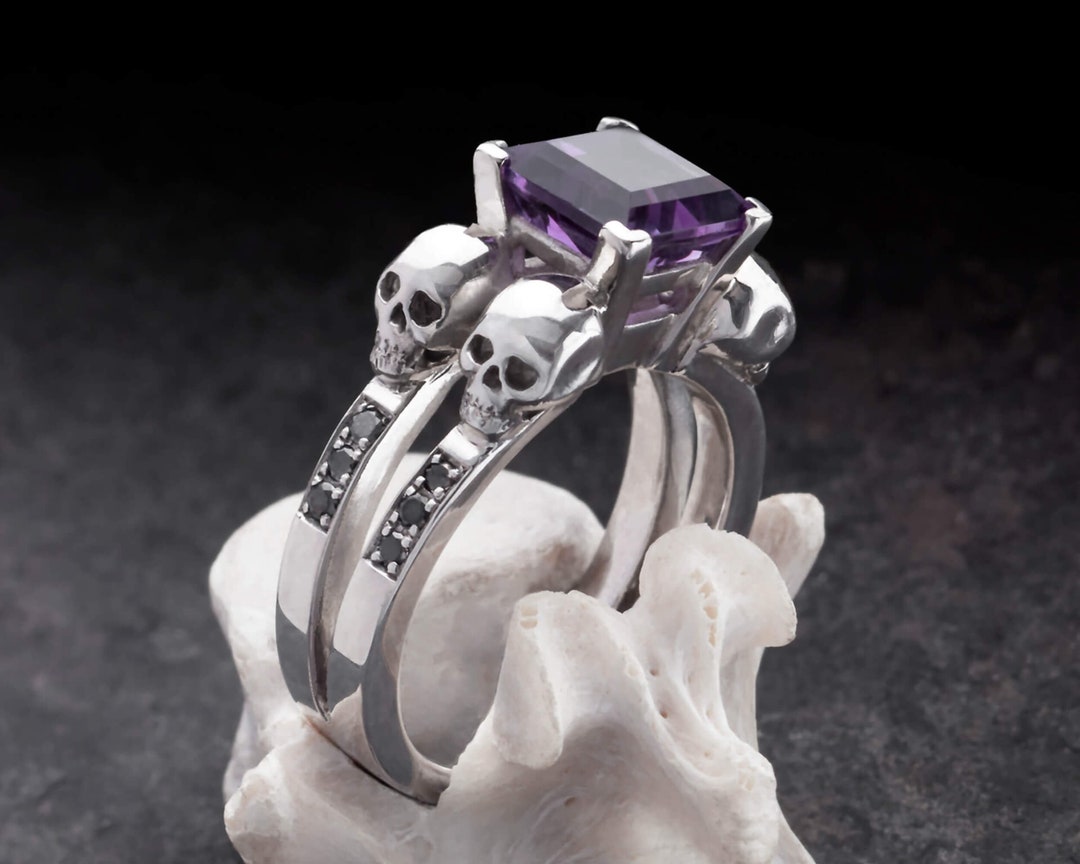 Skull Engagement Ring, Black Diamonds, Unique Goth Adornment LETHE - by ...
