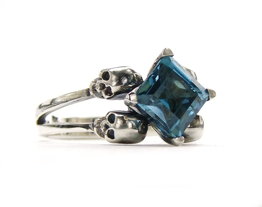 Skull Engagement Ring, Square Blue Topaz Gemstone, Memento Mori, Best ...