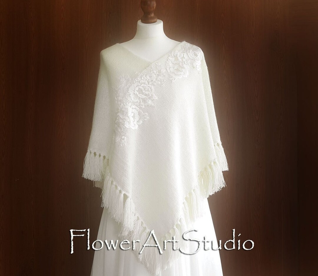 Ivory Bridal Poncho, Wedding Poncho, Wool Poncho , Knitted Poncho ...