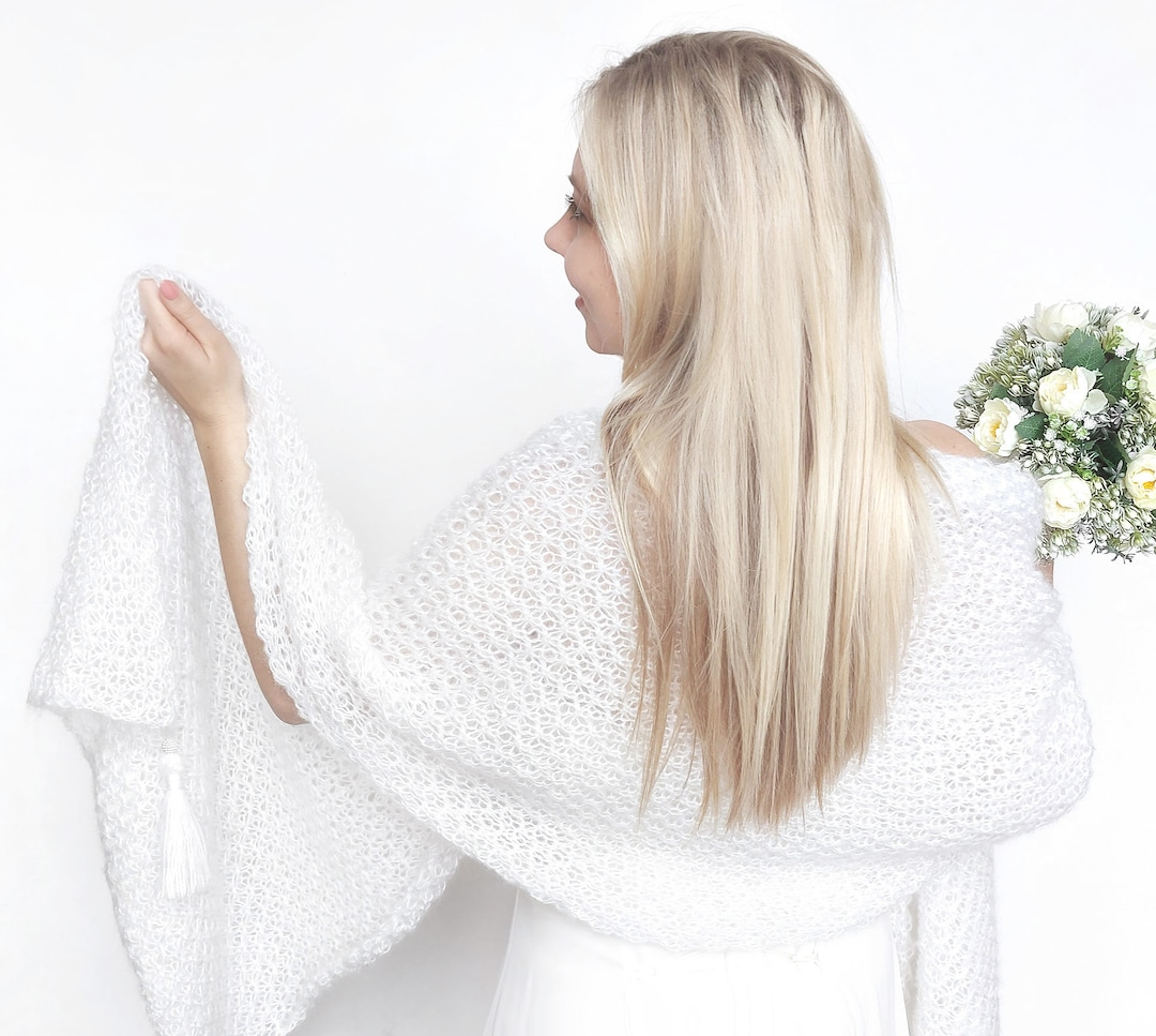White Bridal Shawl, Knitted White Mohair Shawl for Winter Wedding ...