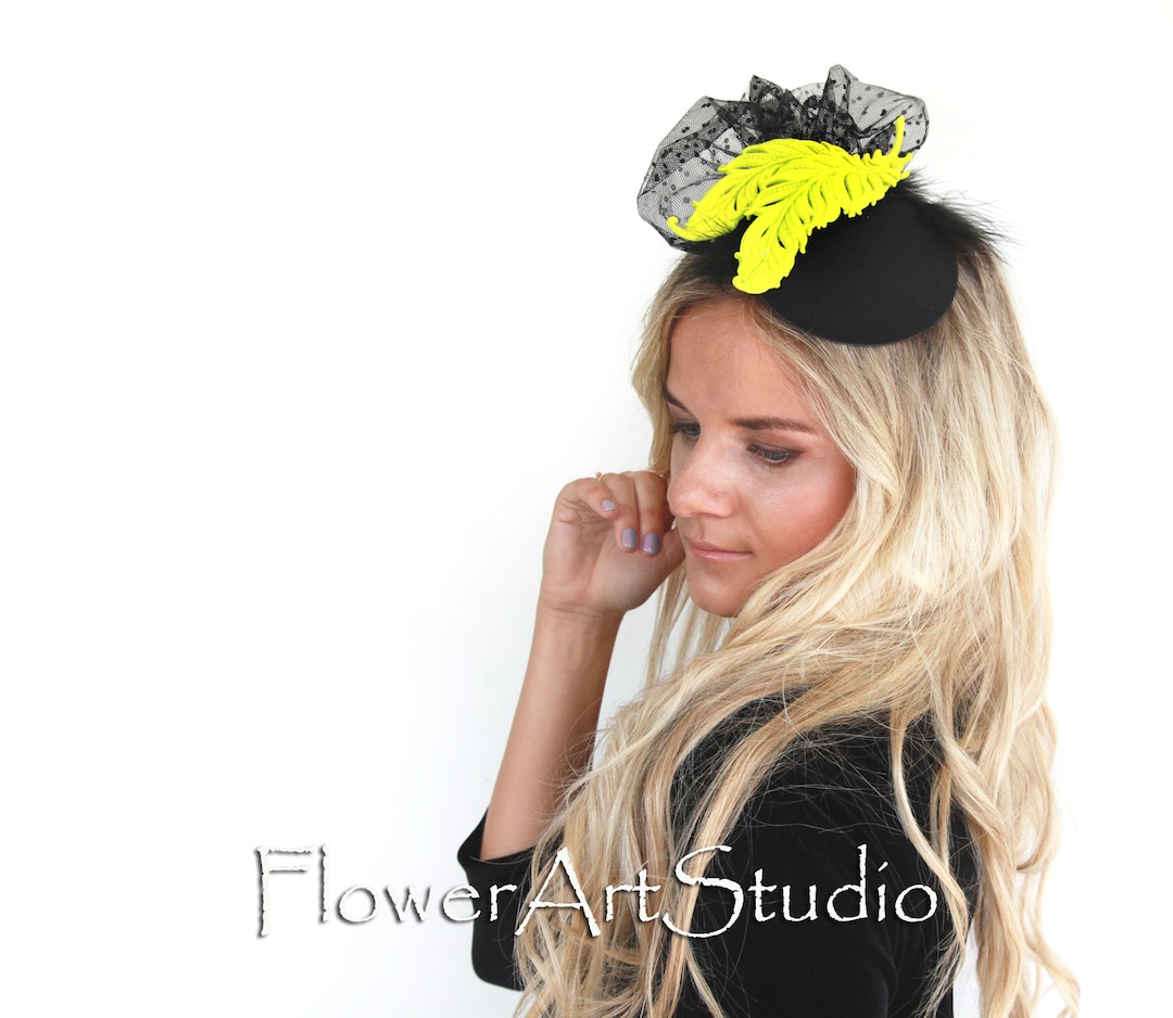Kentucky Derby Hat, Neon Lemon Yellow Feather, Black and Yellow ...