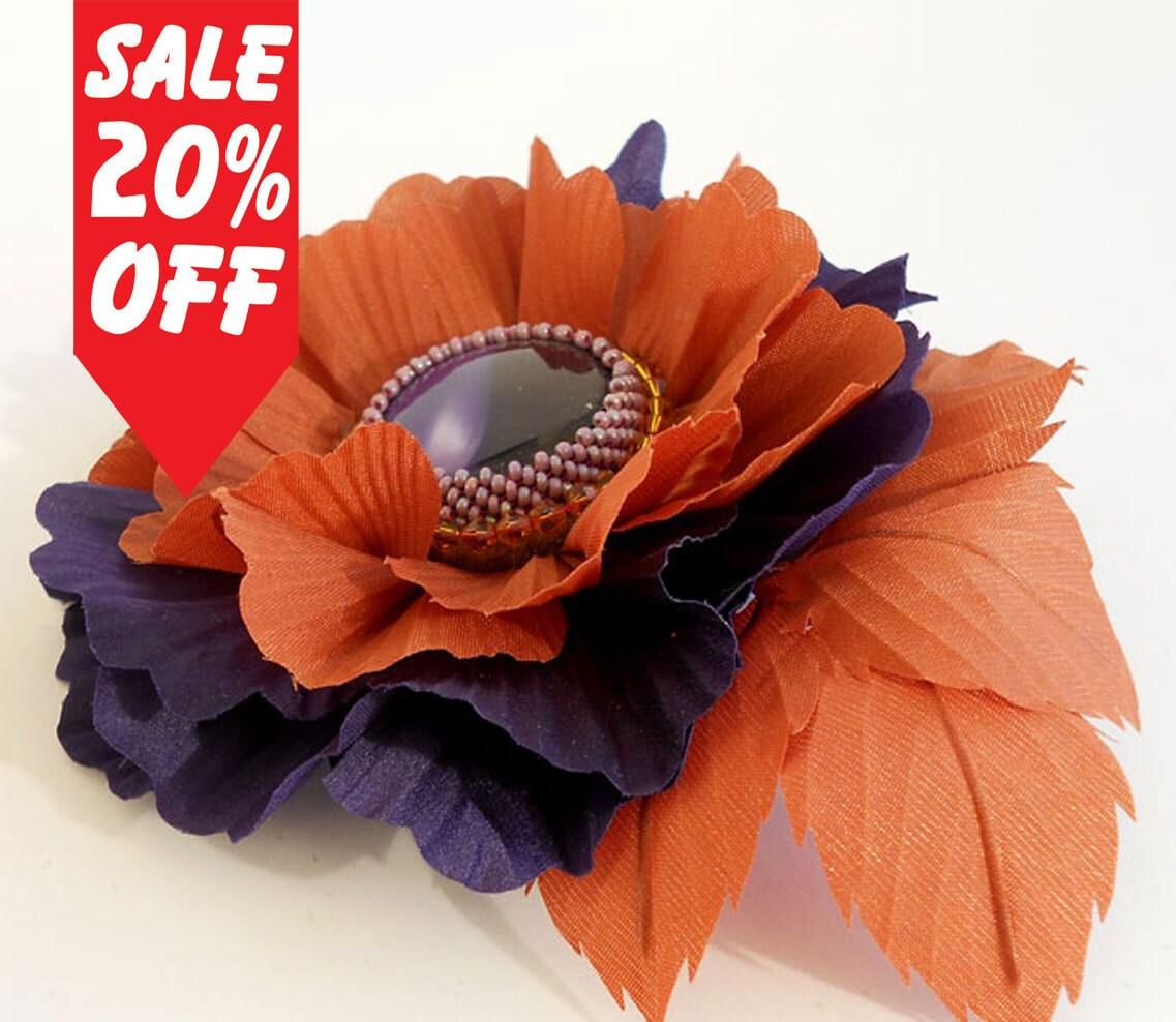 Purple And Orange Fabric Flower Brooch Purple And Braun Silk Etsy