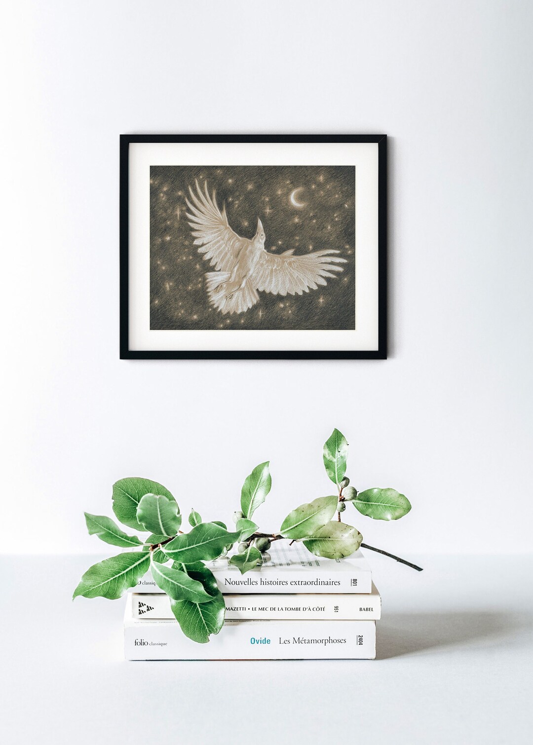 ORIGINAL DRAWING White Raven Albino Crow and Crescent Moon Art ...