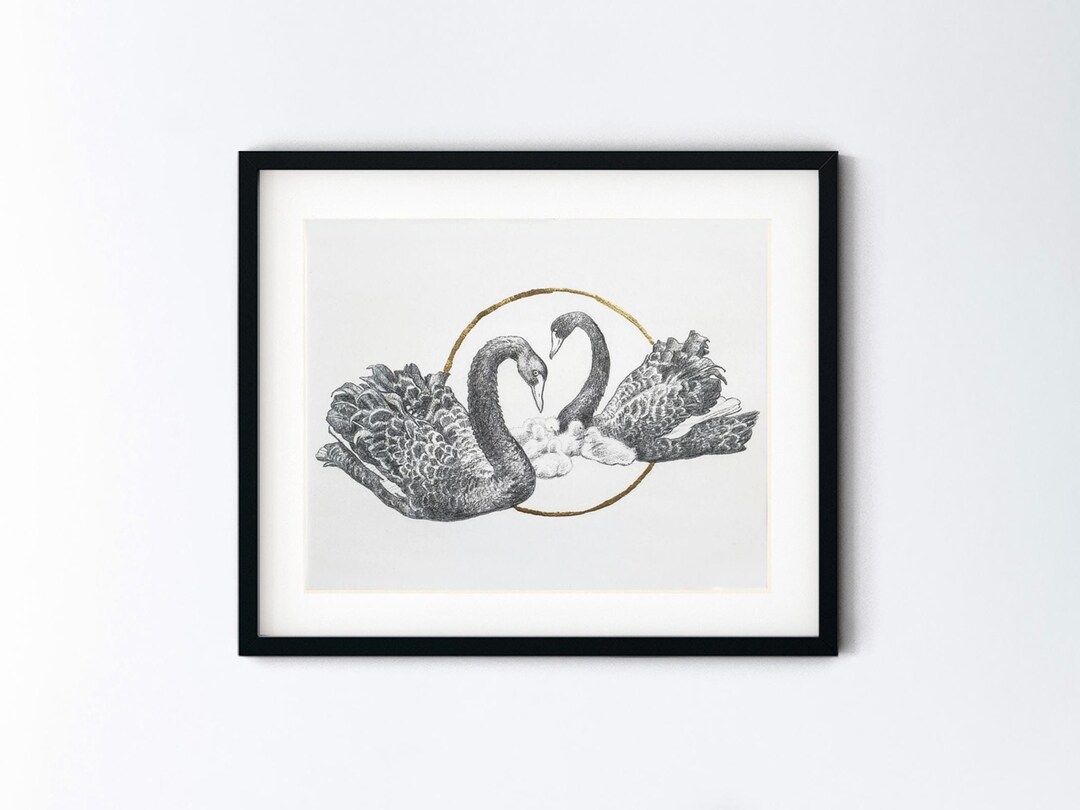 Black Swans Hand Embellished Art Print With Gold Leaf - Bird Family ...