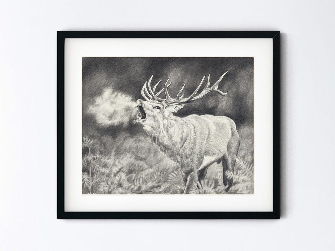 Original Drawing Bellowing Elk - Deer in Forest Art - Handmade ...