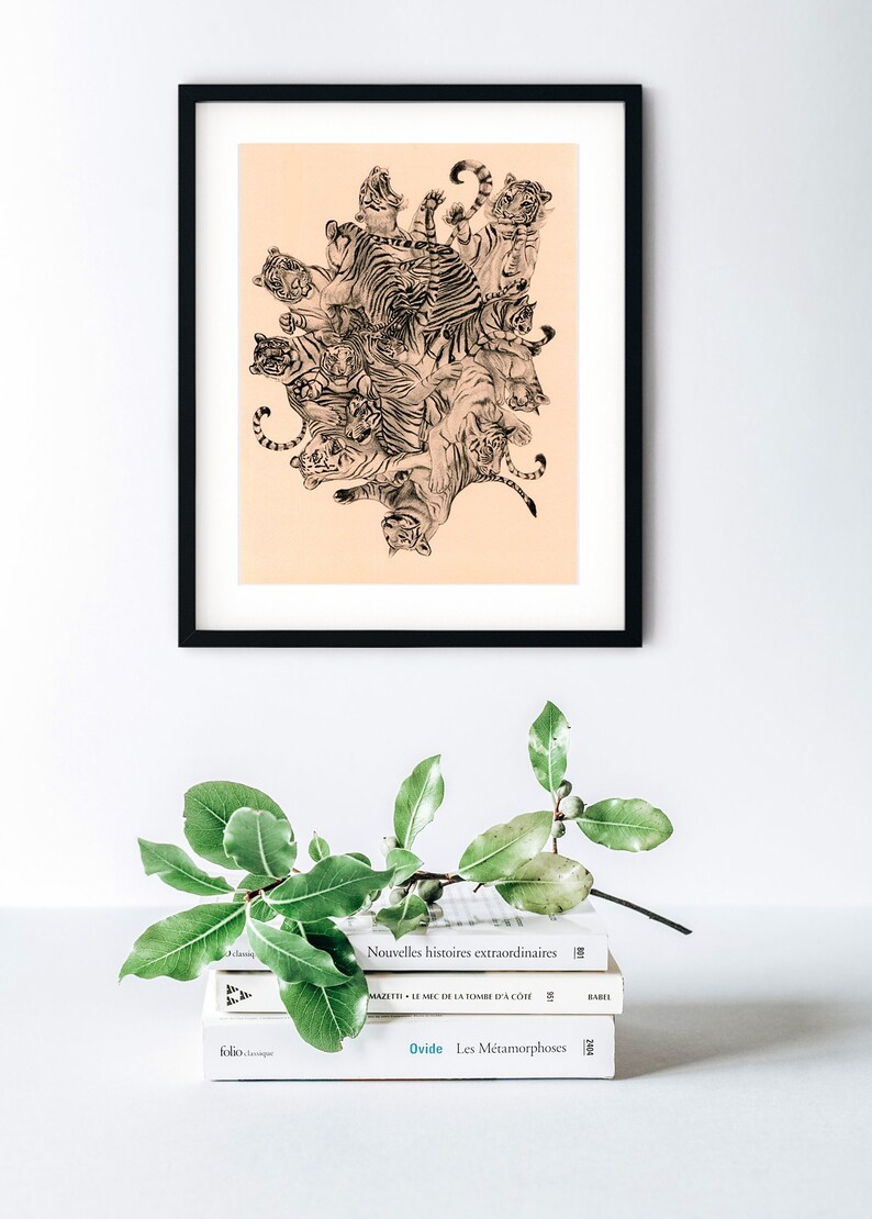 Tigers Art Print - Surrealist Tiger Stripes Line Art - Big Cat Sketch ...
