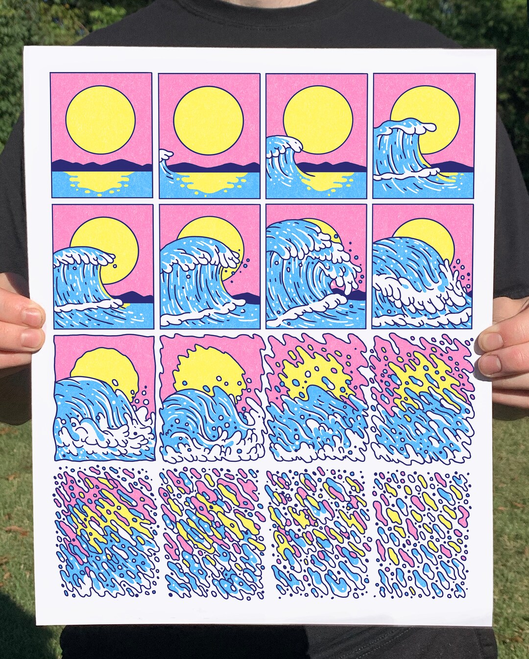 Great Wave Risograph Print. 11" X 14" 4 Color Illustration. Sun Rising ...