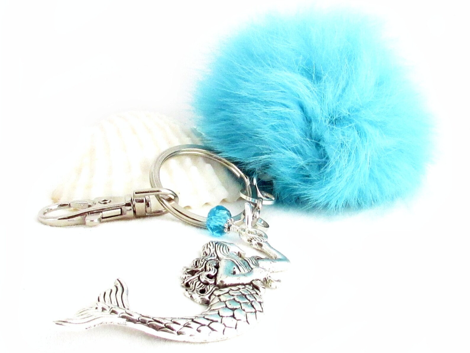 Mermaid Pom Keychain Mermaid Keychain Fluffy Keychain Blue - Etsy