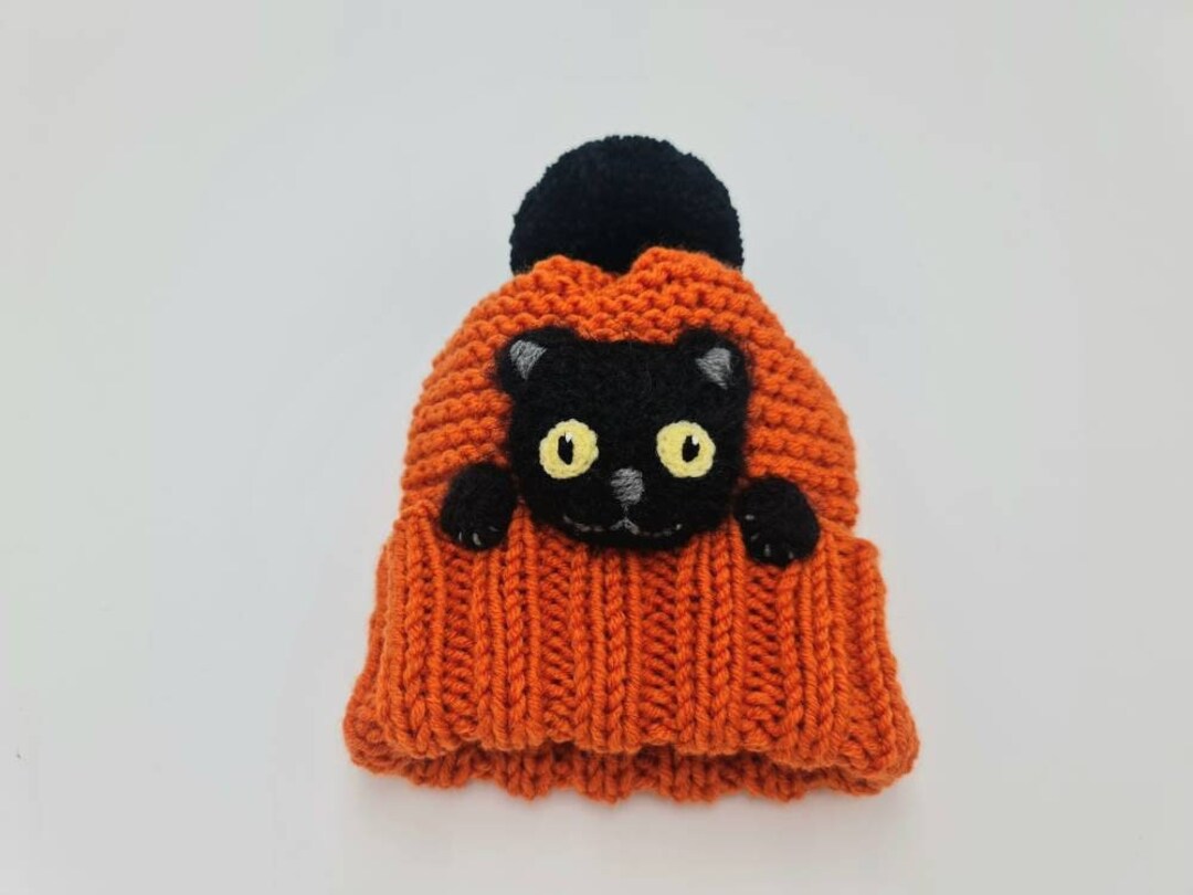 Black Cat Hat, Knit Kids Hat, Winter Hat, Pom Pom Hat, Kitty Hat ...