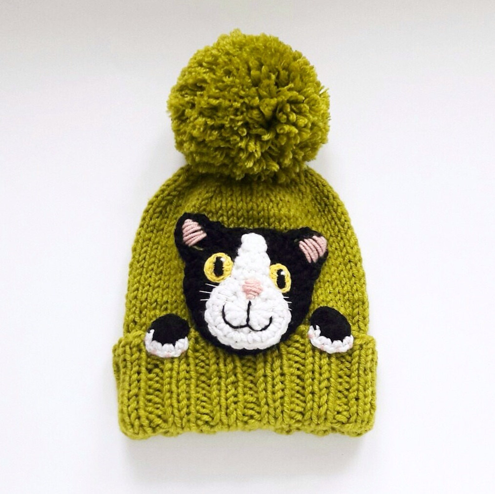 Kitty Hat, Knit Cat Hat, Cat Lovers Gift, Pom Pom Hat, Knit Beanie, Cat ...
