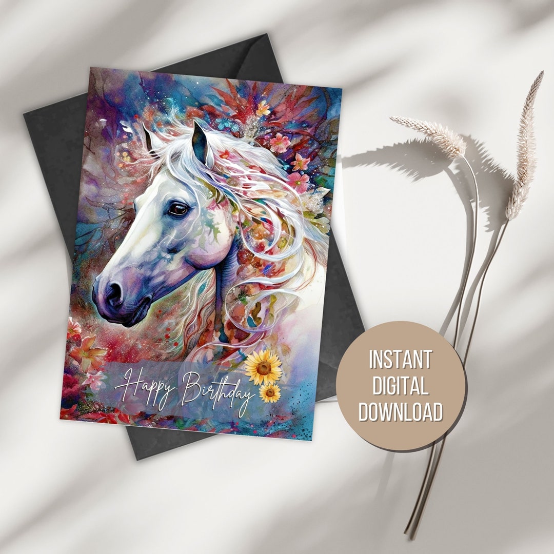 Horse Lover Whimsical Printable Birthday Card (instant Download) - Etsy
