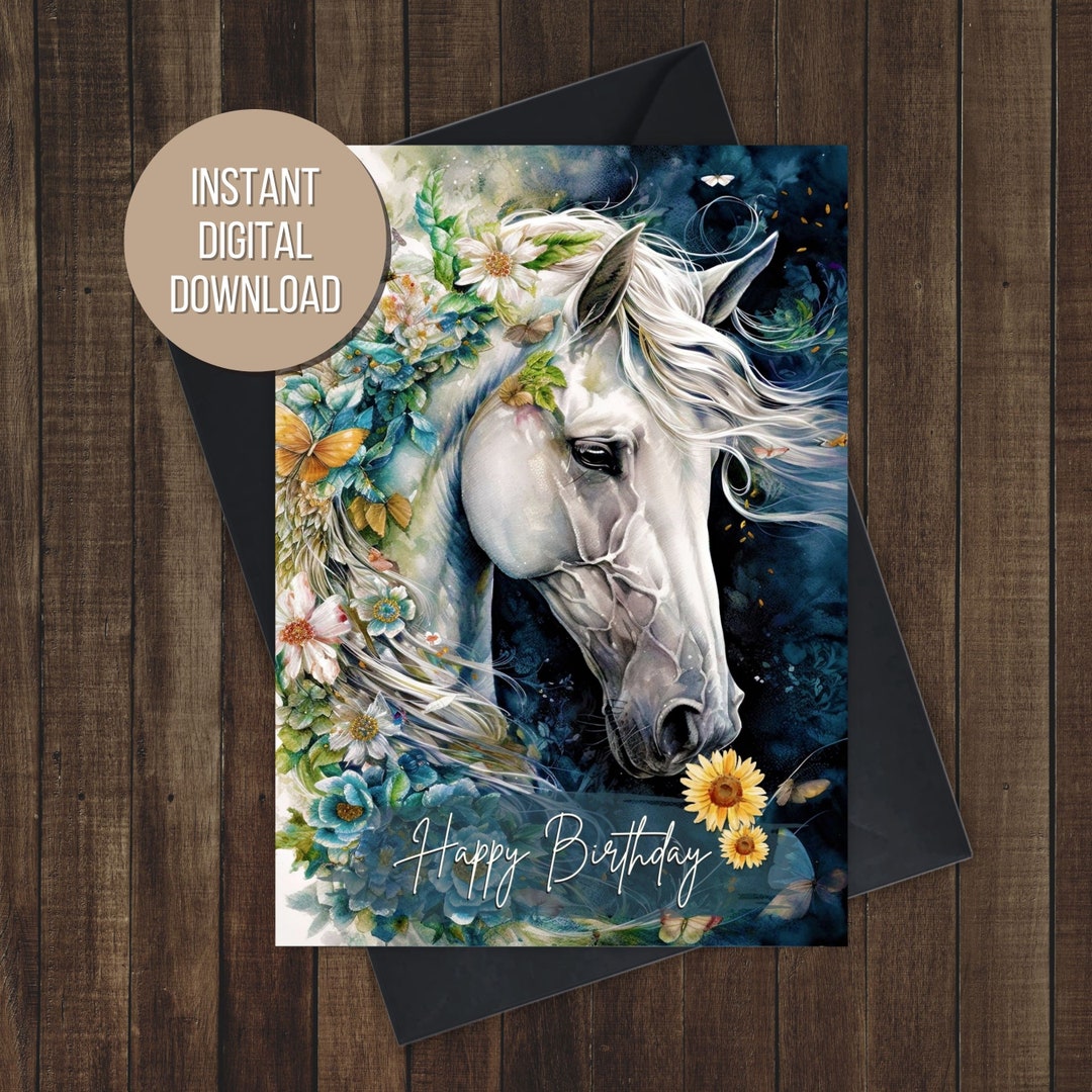 Watercolor Horse Birthday Card: Floral Equestrian Print (digital ...