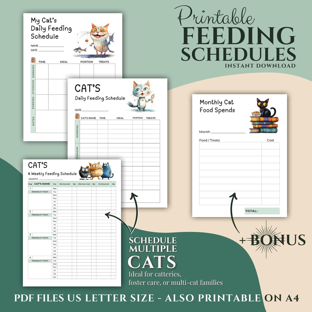 BUNDLE of Printable Cat Feeding Schedules, Instant Download, (PDF File ...