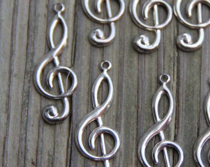 9 Silver Plated Brass Treble Clef Music Charms 31x12mm 35mm With Loop ...
