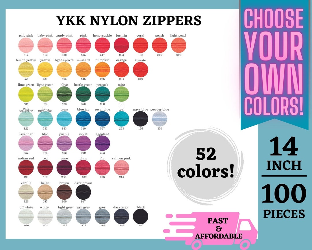 Choose 100 YKK Zippers, 14 Inch, #3 Nylon Coil Zippers, Mix and Match ...