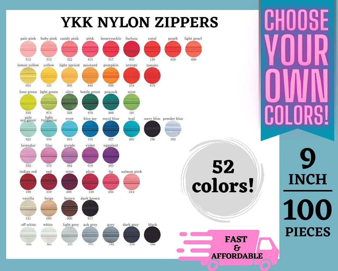 Choose 100 YKK Zippers, 9 Inch, #3 Nylon Coil Zippers, Mix and Match ...