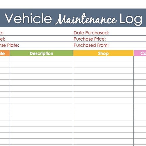 Vehicle Maintenance Log Car Maintenance Log Fillable - Etsy