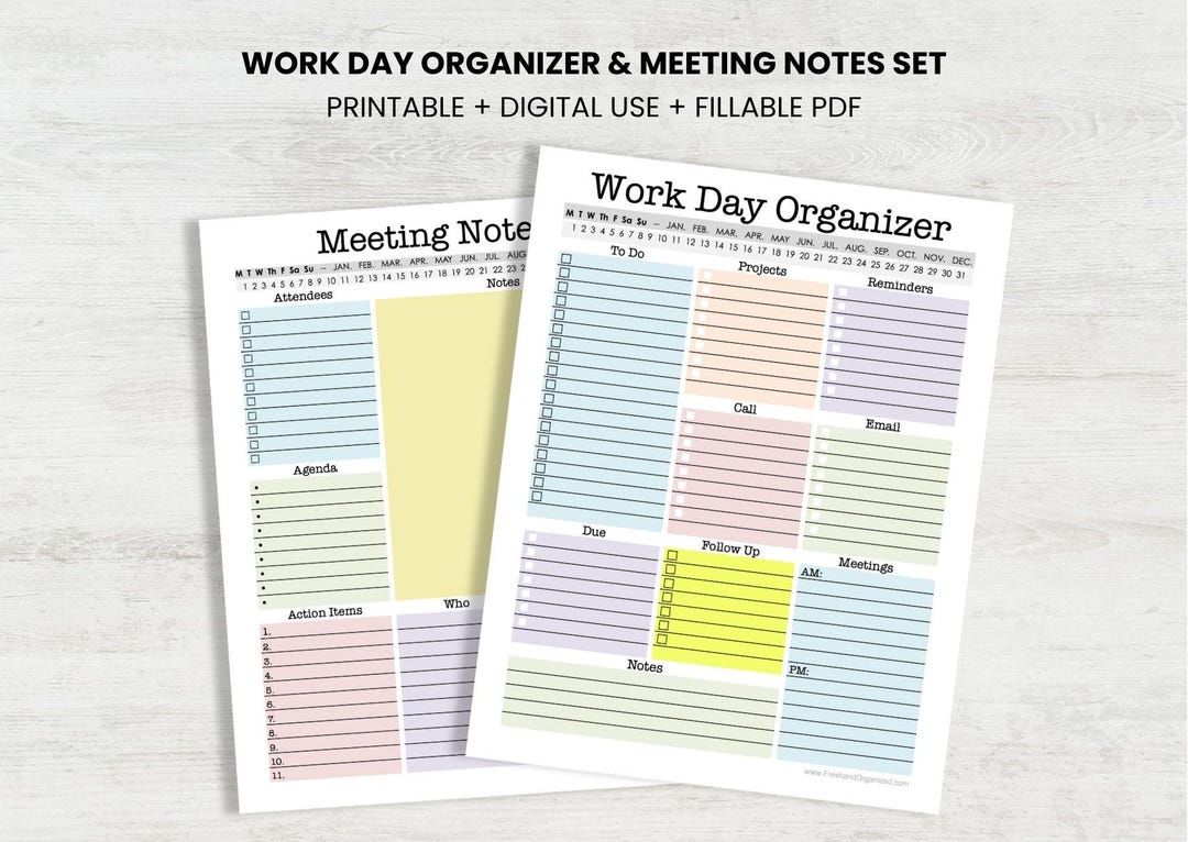 Work Day Organizer and Meeting Planner Set - Planner Page - Work ...
