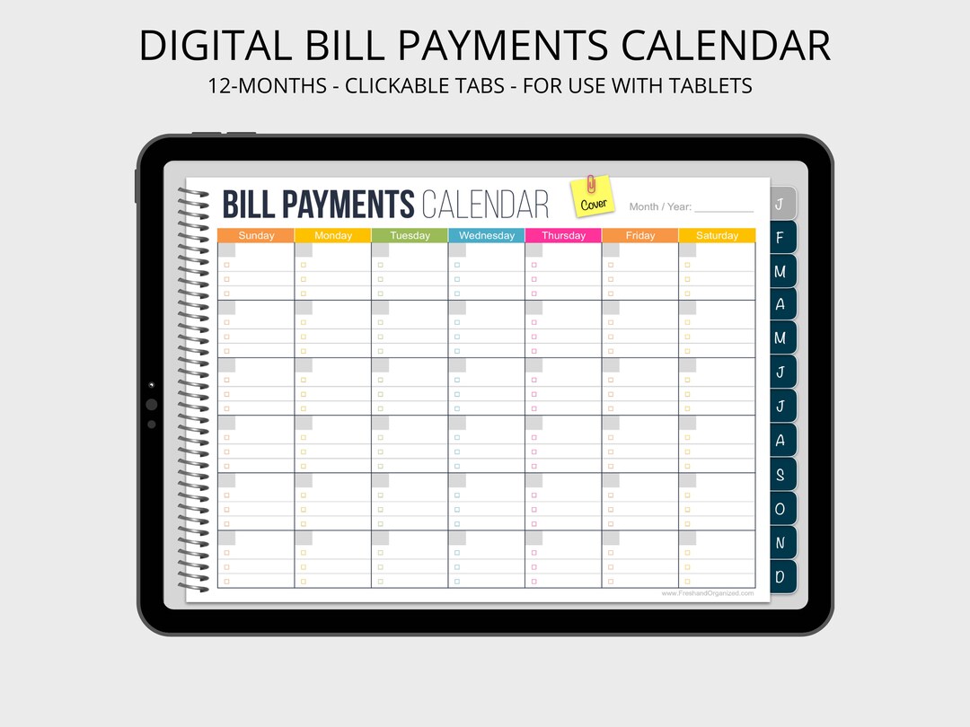 Digital Bill Payments Calendar - Digital Bill Organizer, Digital Bill ...