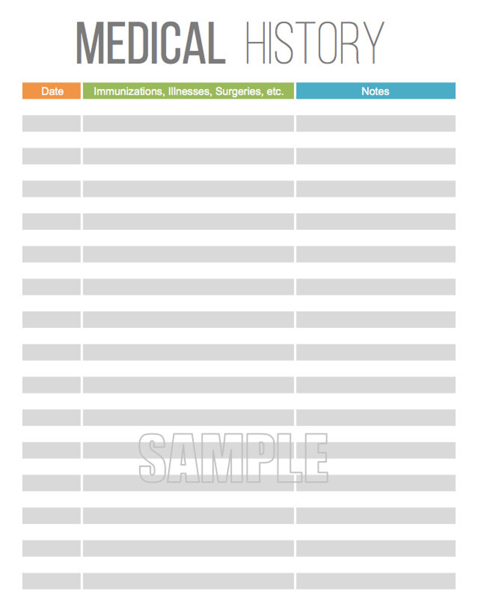 Medical History Printable Healthcare Printables Fillable DIY Medical ...