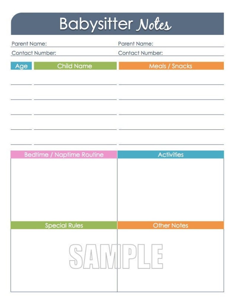 Babysitter Notes Fillable Organizing Printable, Childcare Instructions ...