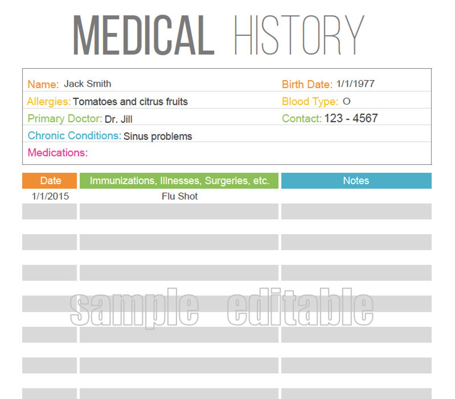 Medical History Printable Healthcare Printables Fillable DIY Medical ...