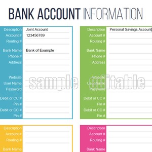 Bank Account Information Printable Fillable Personal Finance Organizing ...