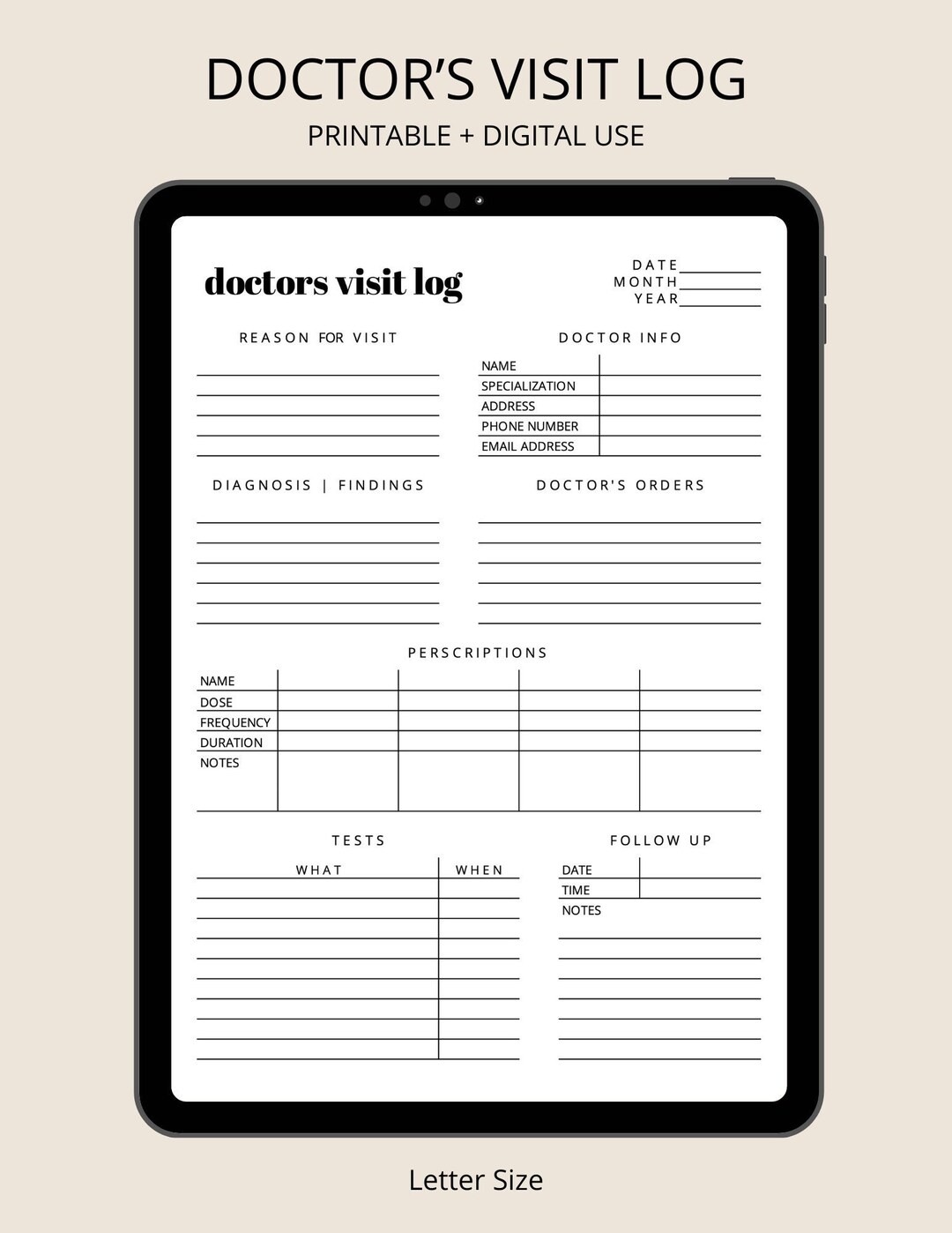 Doctor's Visit Log - Health, Medical Tracker, Medical Visit Log ...