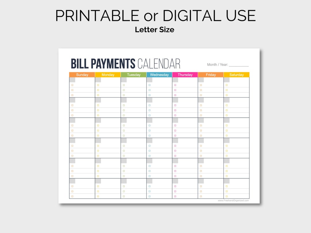Bill Payments Calendar Personal Finance Organizing Printables ...