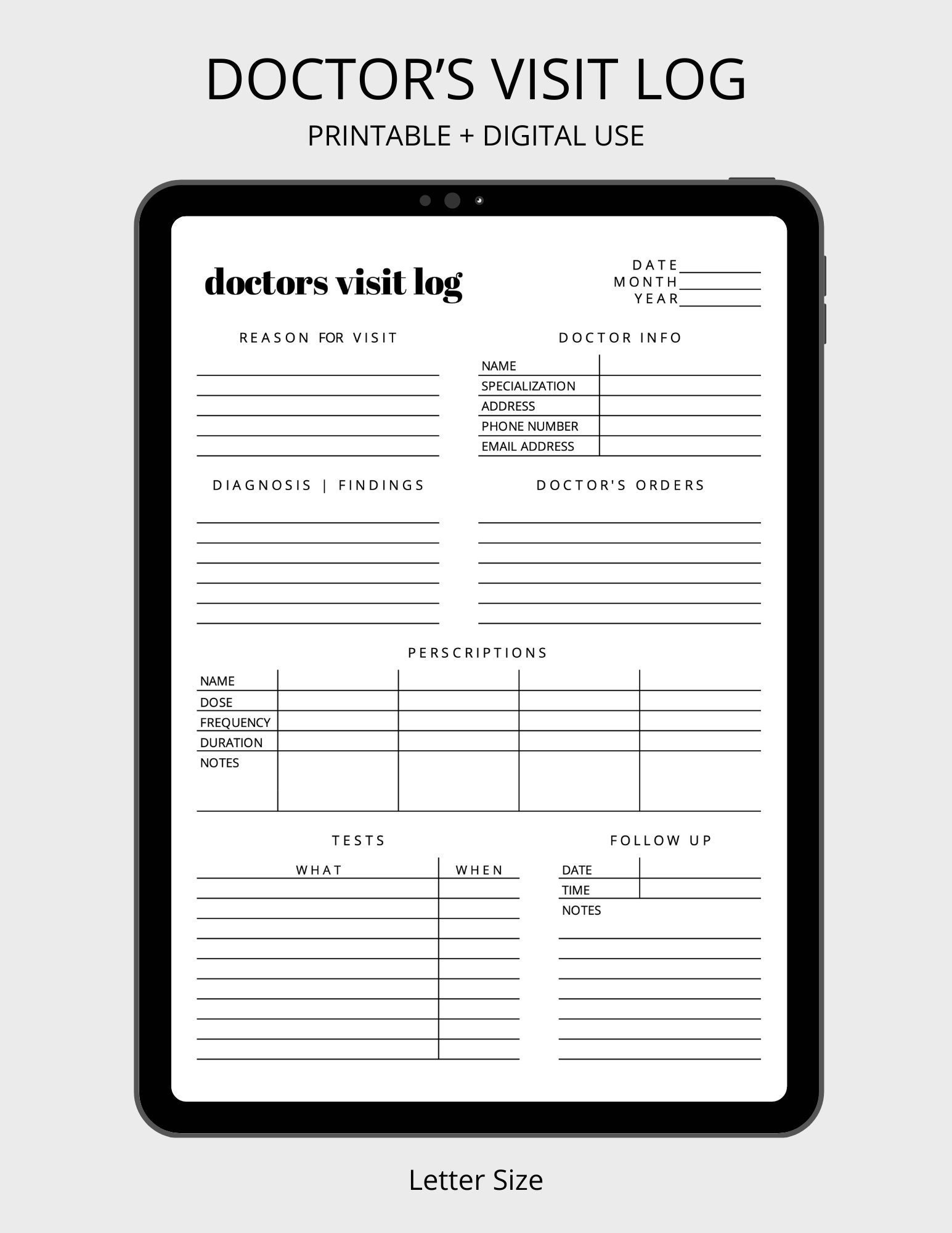 Doctor's Visit Log - Health, Medical Tracker, Medical Visit Log ...