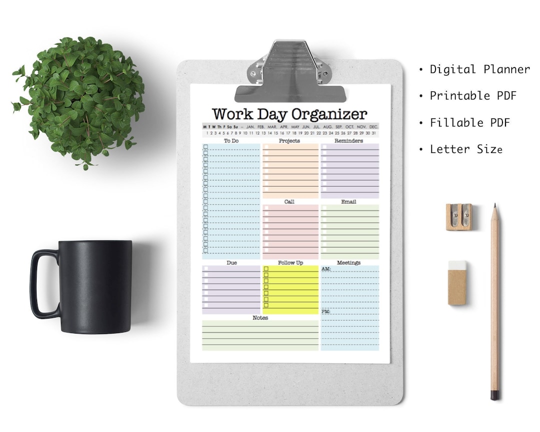 Work Day Organizer Planner Page, Work Planner, Printable Planner ...
