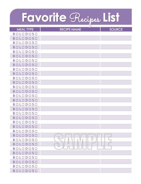 Favorite Recipes List Printable Kitchen Organizing - Etsy
