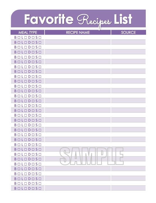 Favorite Recipes List Printable Kitchen Organizing - Etsy