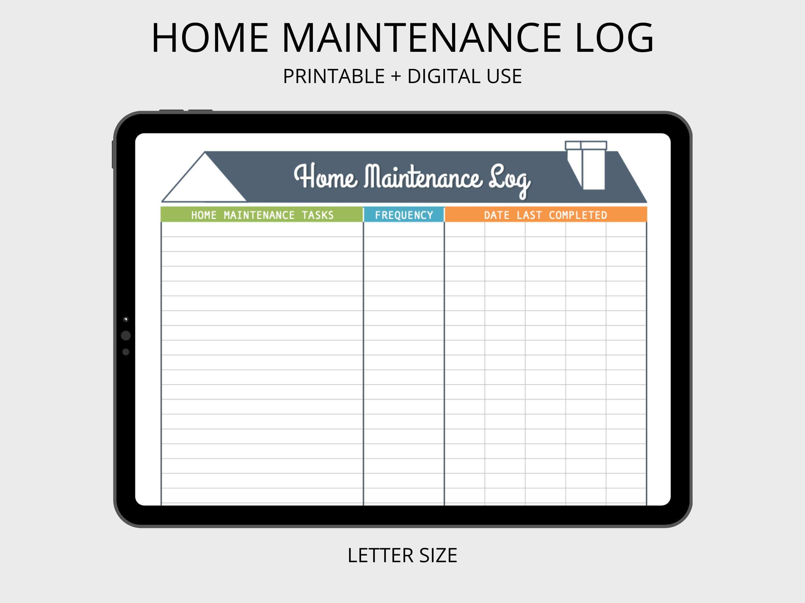 Home Maintenance Log - Printable and Fillable Organizing PDF - INSTANT ...