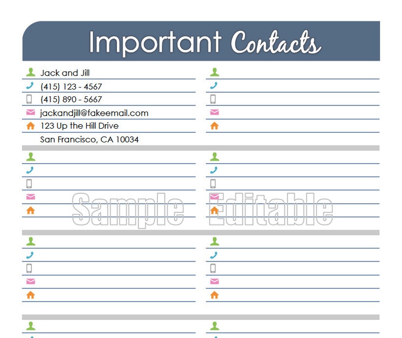 Important Contacts Printable PDF Fillable Organizing - Etsy