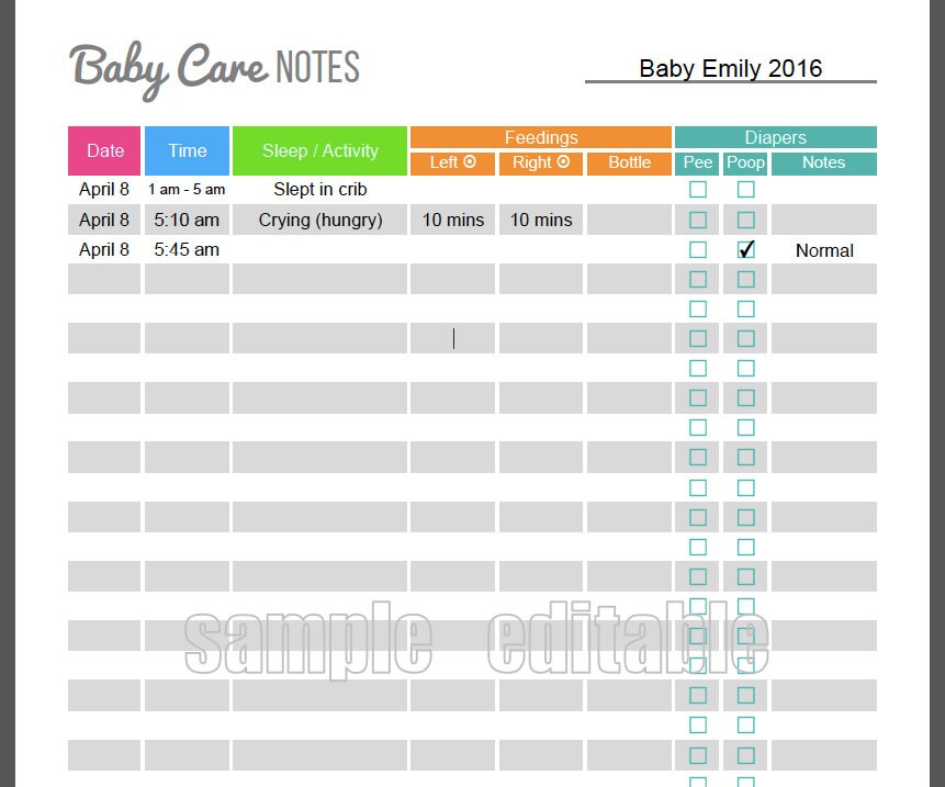 Baby Care Notes Fillable Breastfeeding Tracker, Diaper Tracker, Newborn ...