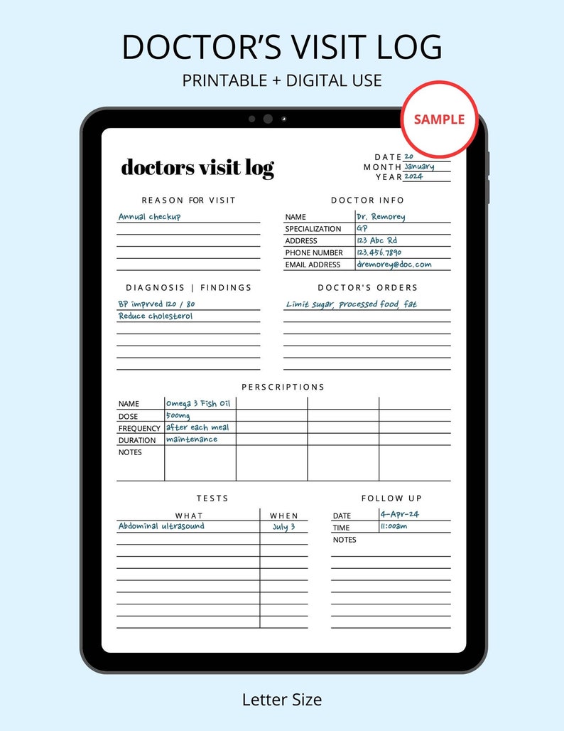 Doctor's Visit Log - Health, Medical Tracker, Medical Visit Log ...
