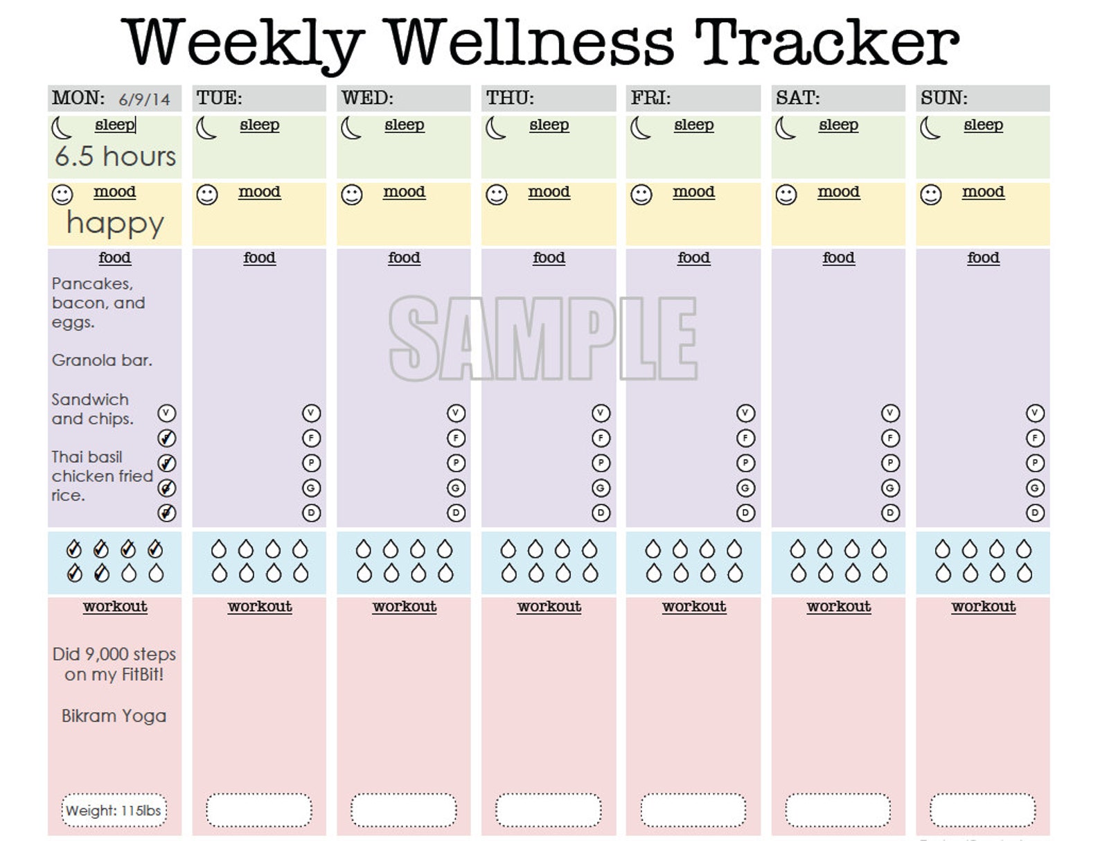Weekly Wellness Tracker - Fillable - Workout Planner, Sleep Log, Food ...