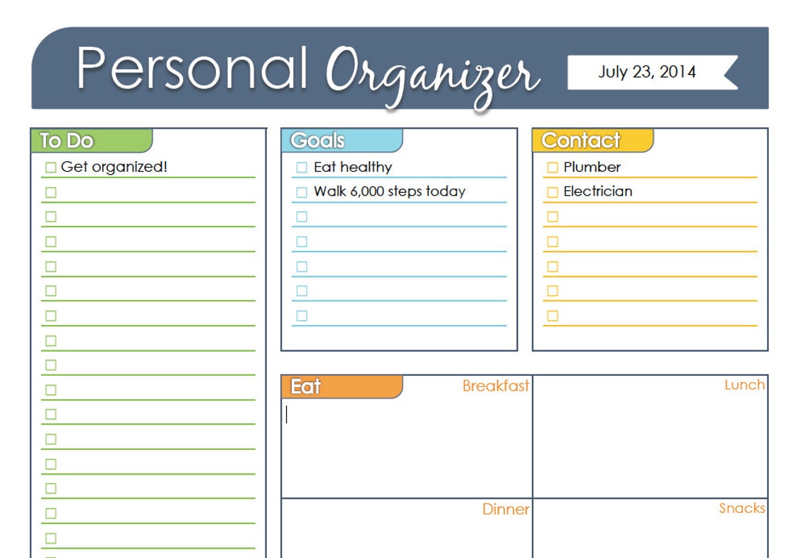 Personal Organizer Curves Design Fillable, Daily Planner, Weekly ...
